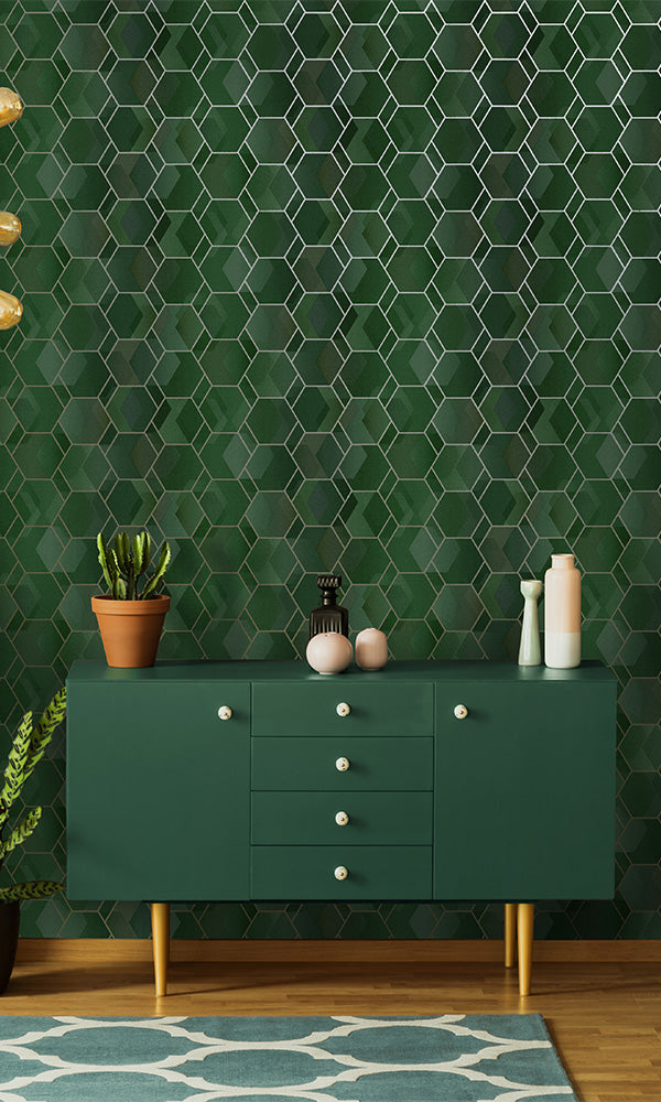 Green Structured Hexagonal Wallpaper R7361