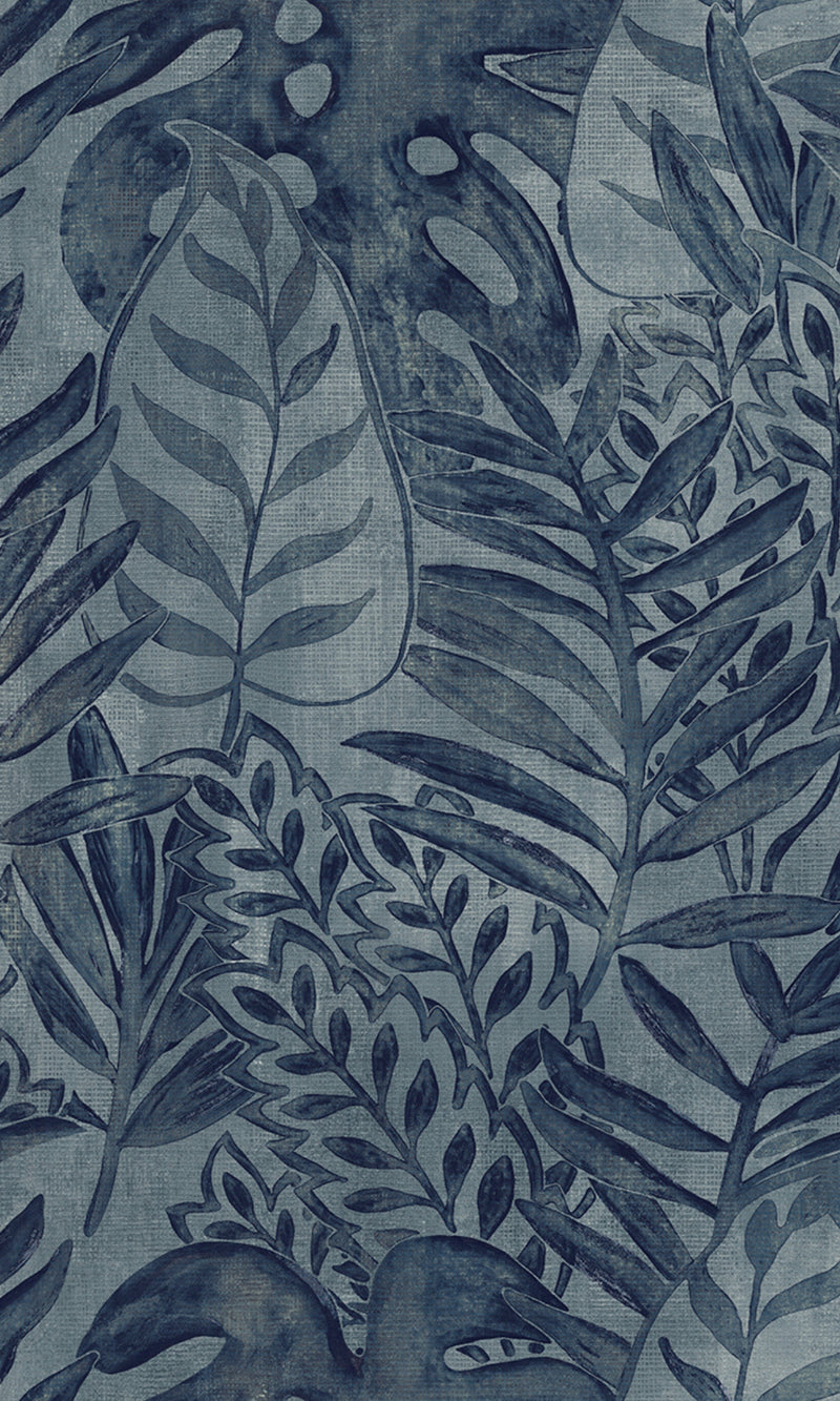 Blue Printed Leaves Tropical Wallpaper R8242 – Walls Republic US