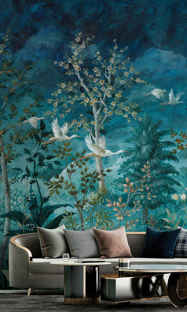 Blue Towering Trees and Midnight Sky Tropical Wallpaper RM9010 – Walls ...