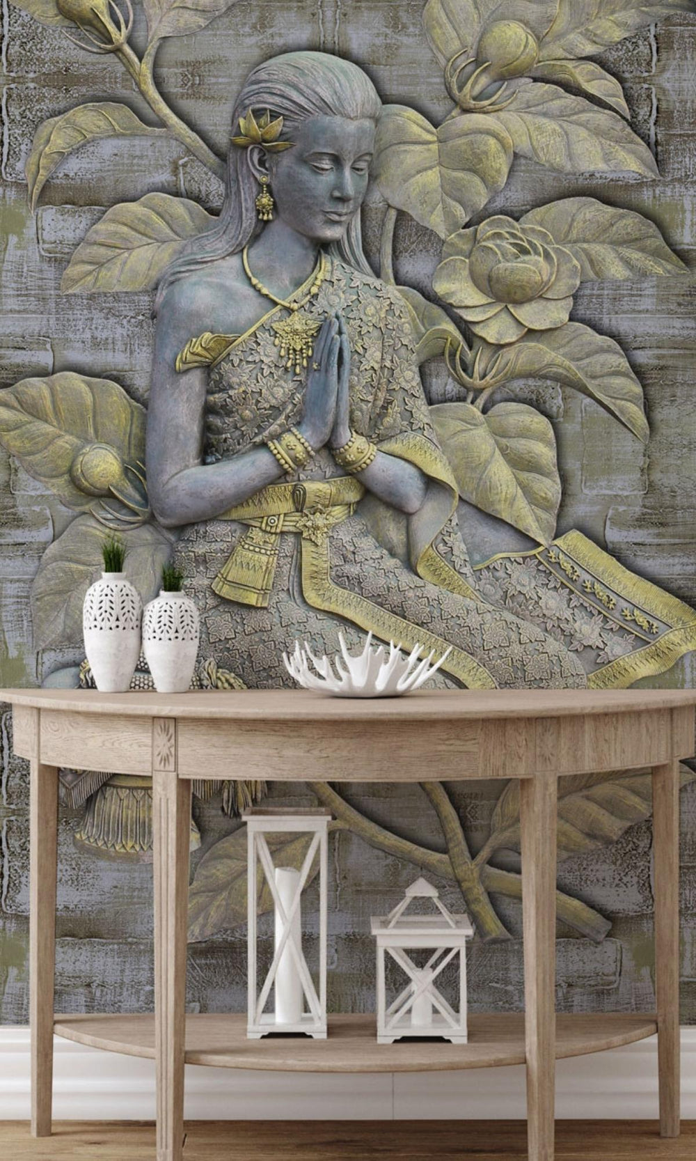 Gray & Gold Praying Girl Mural Wallpaper M1159 – Walls Republic US