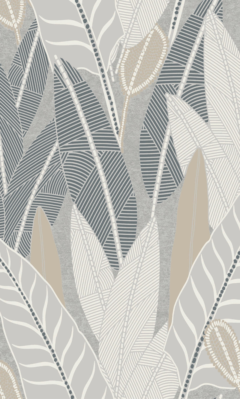Grey Leafy Tropical Leaves Wallpaper R9347 – Walls Republic US