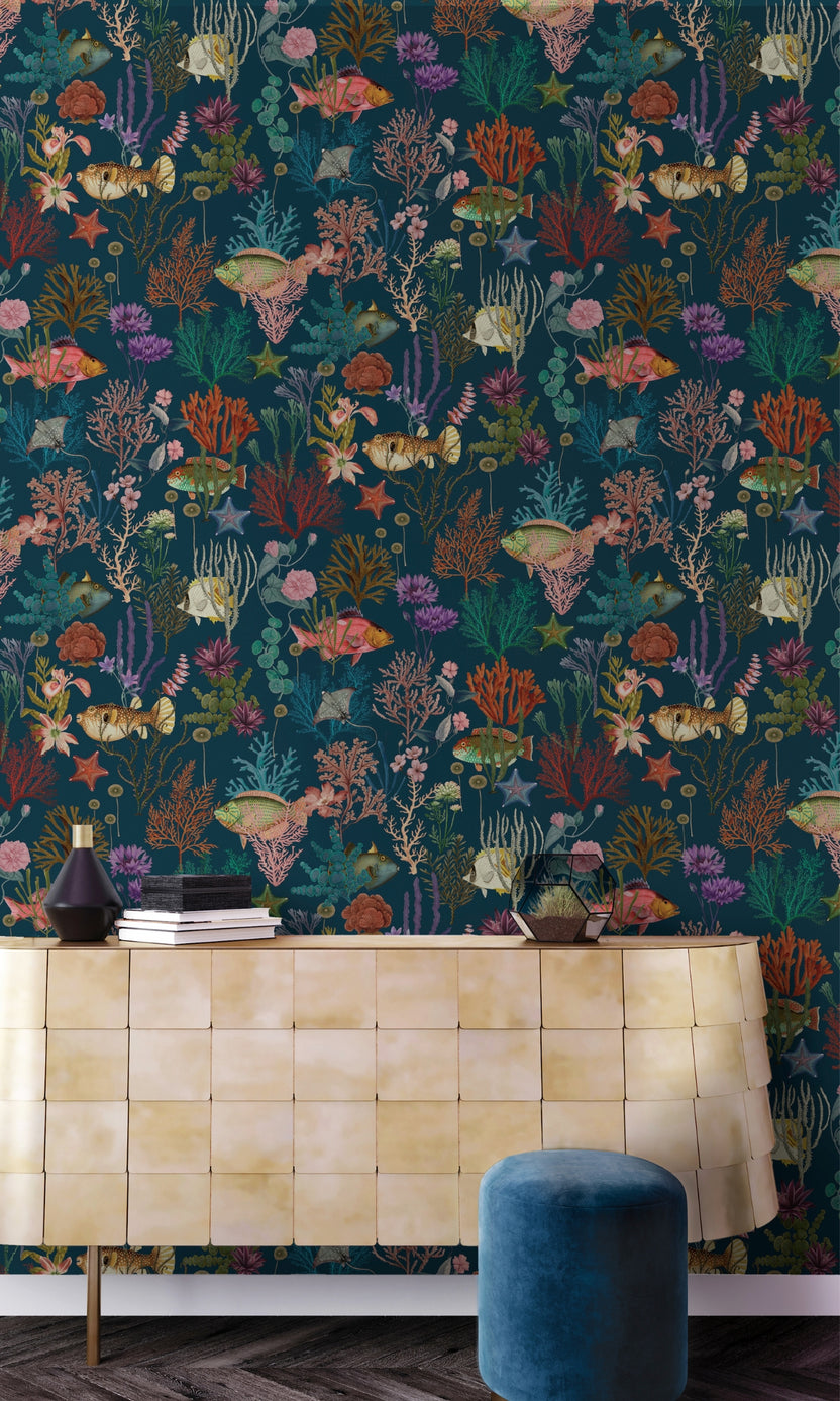 Navy Ocean with Fishes and Corals Wallpaper RM9015 – Walls Republic US
