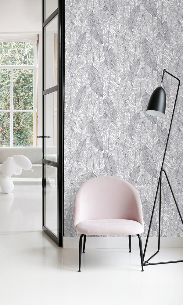 Black and White Pen Drawn Leaves Wallpaper R9418 – Walls Republic US