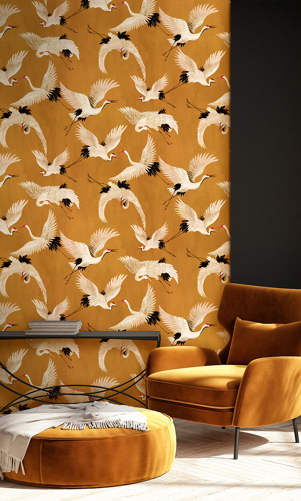 Ochre Cranes In Flight Textured Wallpaper R9502 – Walls Republic US