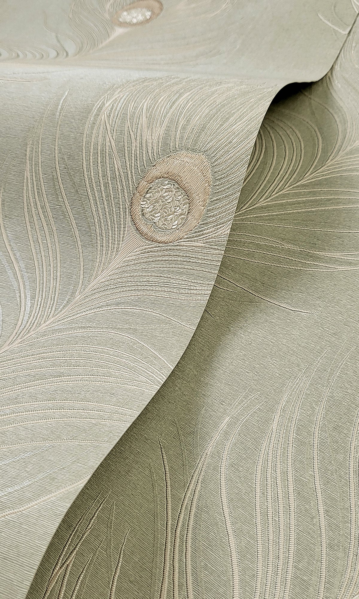 Sage Sequined Falling Peacock Feathers Wallpaper R9515 – Walls Republic US