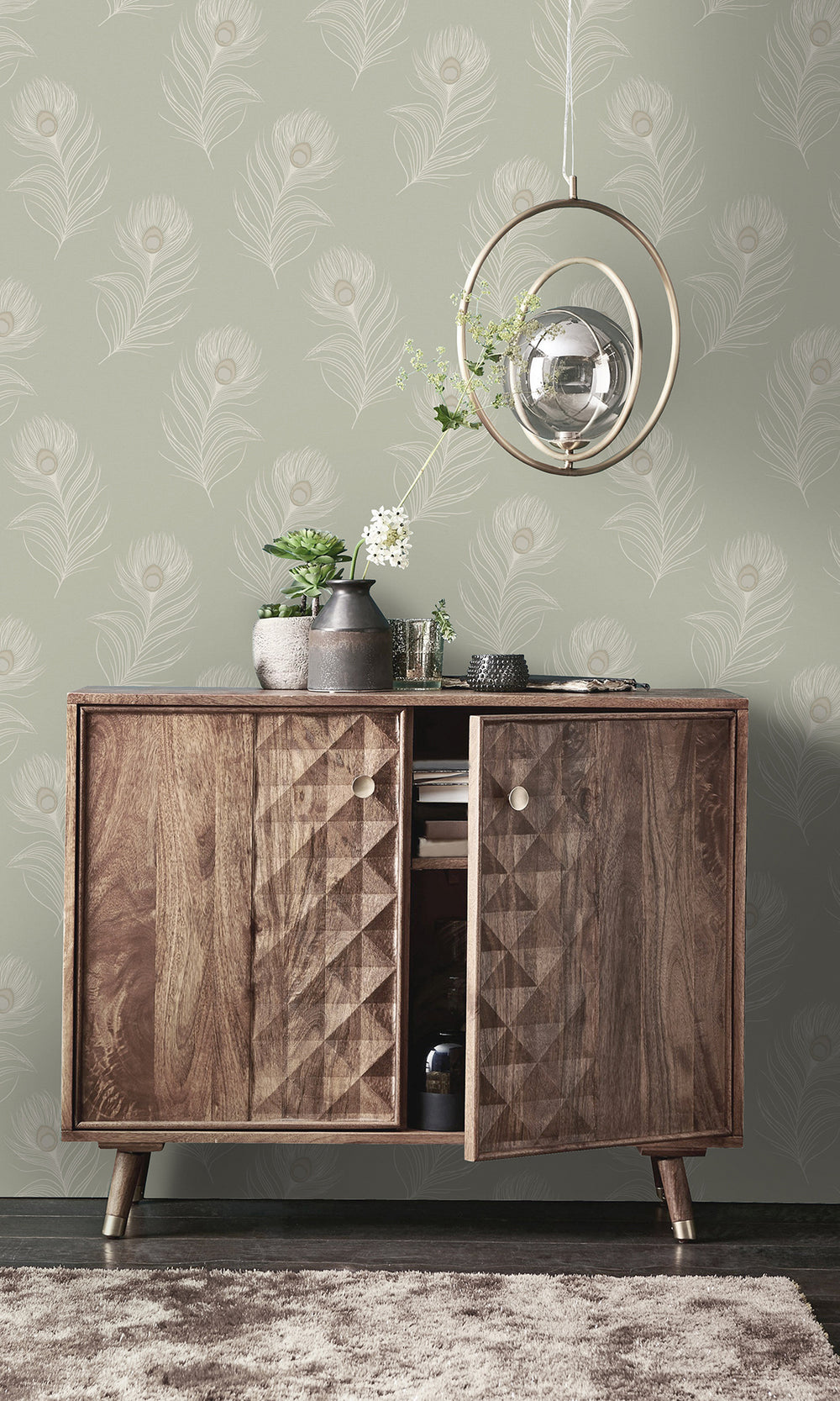 Sage Sequined Falling Peacock Feathers Wallpaper R9515 – Walls Republic US