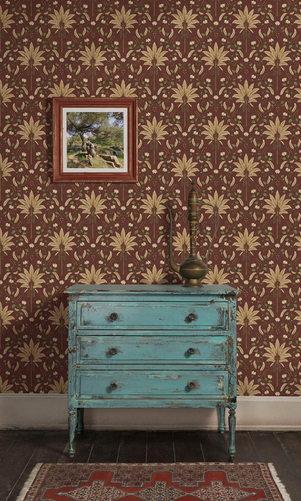 Maroon Trellis and Focal Palm Trees Wallpaper R9593 – Walls Republic US