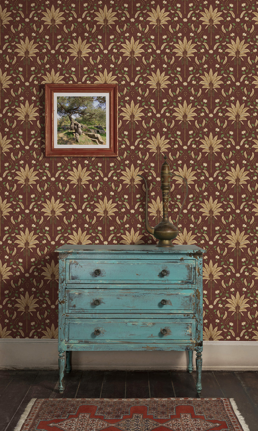 Maroon Trellis and Focal Palm Trees Wallpaper R9593 – Walls Republic US