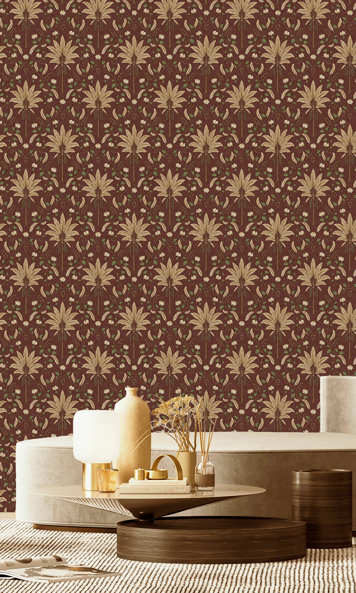 Maroon Trellis and Focal Palm Trees Wallpaper R9593 – Walls Republic US