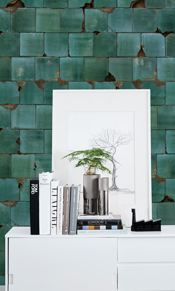 Teal Broken Tiles Mural M9423 | Modern Home Wall Covering – Walls ...