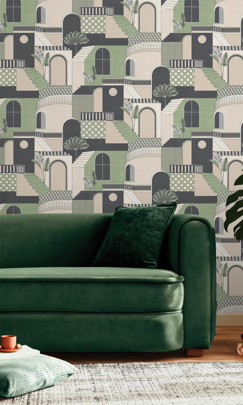 Green Mediterranean Style Building Contemporary Wallpaper R7662 – Walls ...